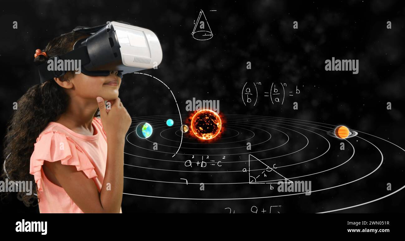 Image of mathematical equations and solar system floating over ...