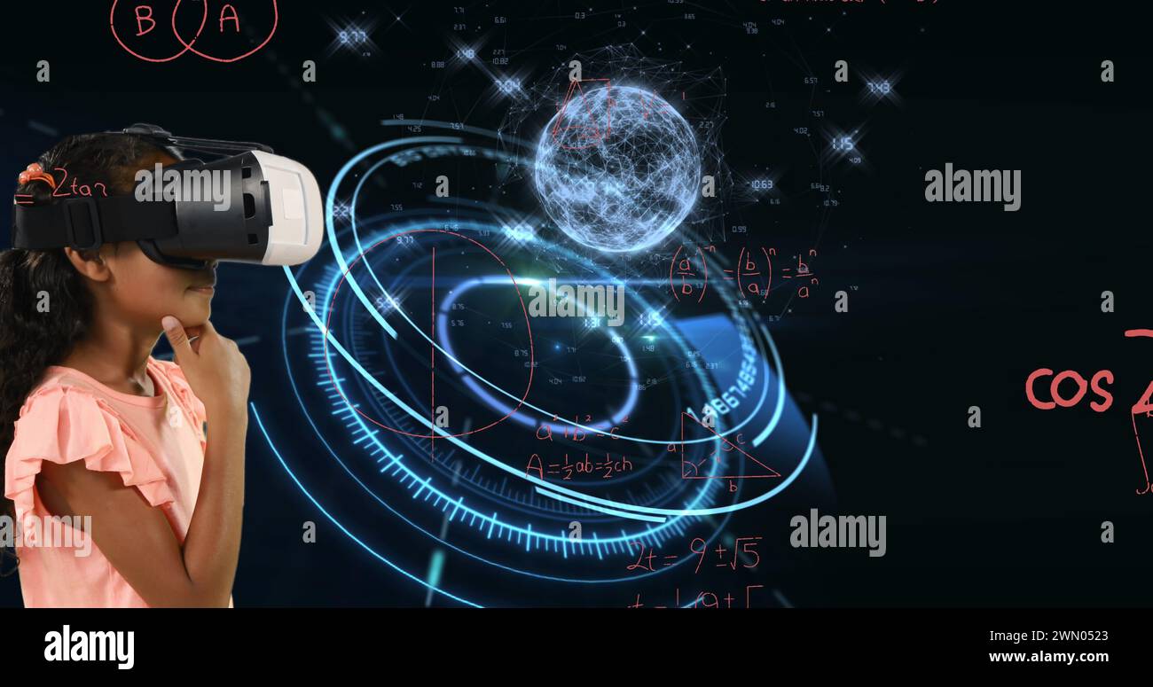 Image of mathematical equations and spinning globe floating over schoolchild wearing vr goggles ...