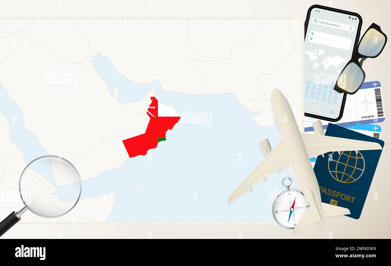 Oman map and flag, cargo plane on the detailed map of Oman with flag ...