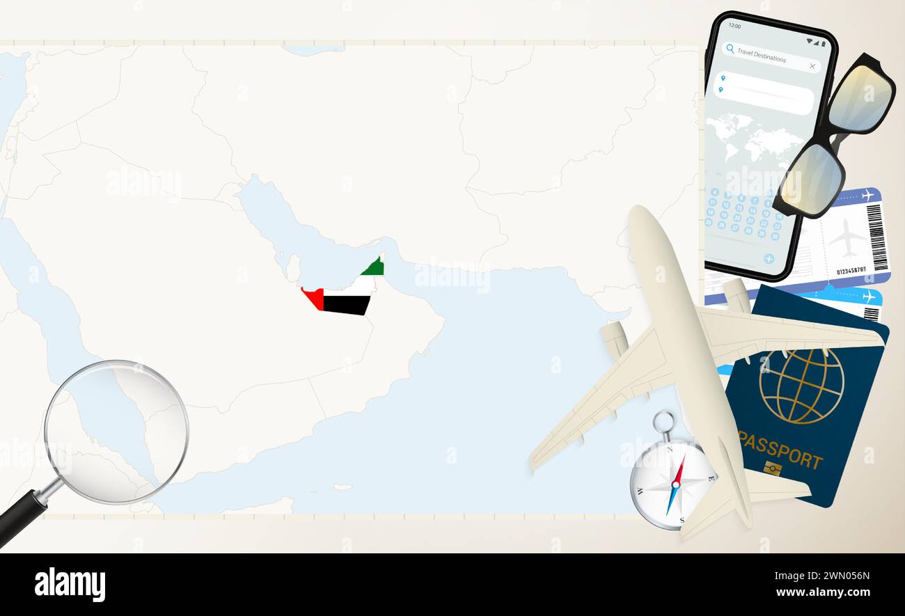 United Arab Emirates map and flag, cargo plane on the detailed map of ...