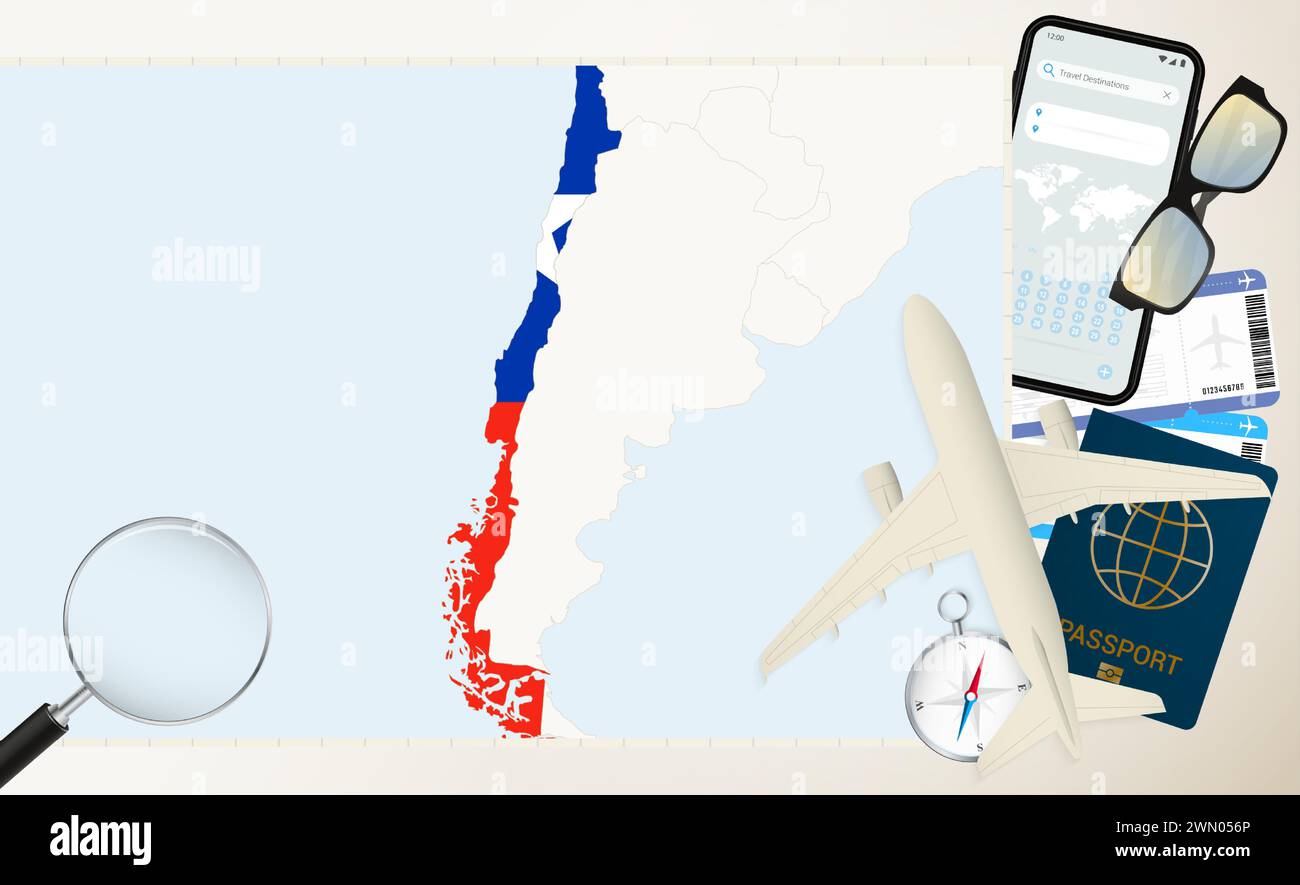 Chile map and flag, cargo plane on the detailed map of Chile with flag ...