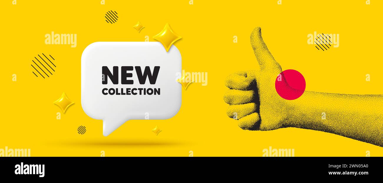 New collection tag. New fashion arrival sign. Hand showing thumb up ...