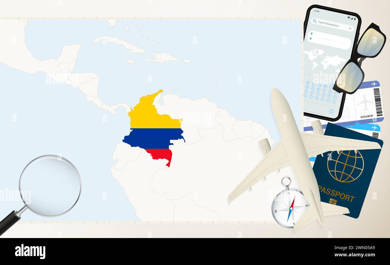 Colombia map and flag, cargo plane on the detailed map of Colombia with ...