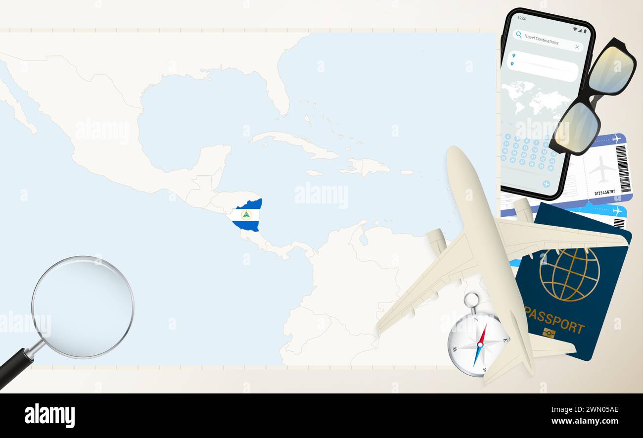 Nicaragua map and flag, cargo plane on the detailed map of Nicaragua with flag, passport ...