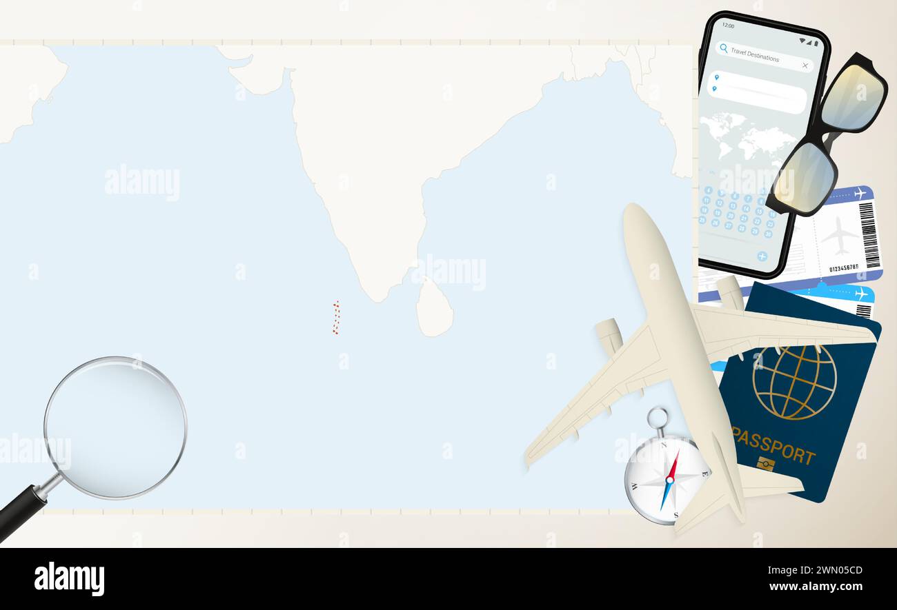Maldives map and flag, cargo plane on the detailed map of Maldives with ...
