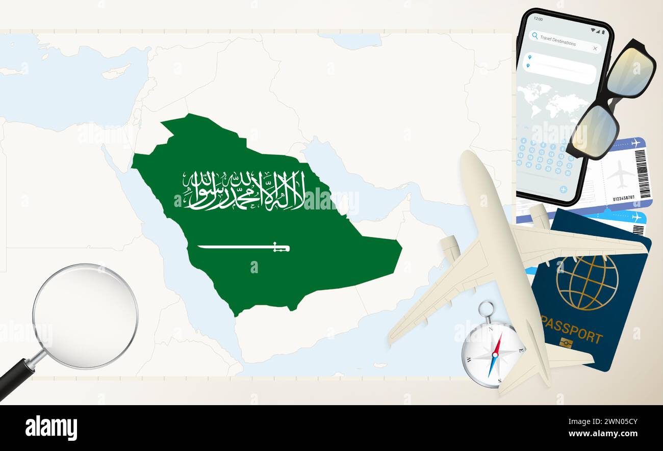 Saudi Arabia map and flag, cargo plane on the detailed map of Saudi ...