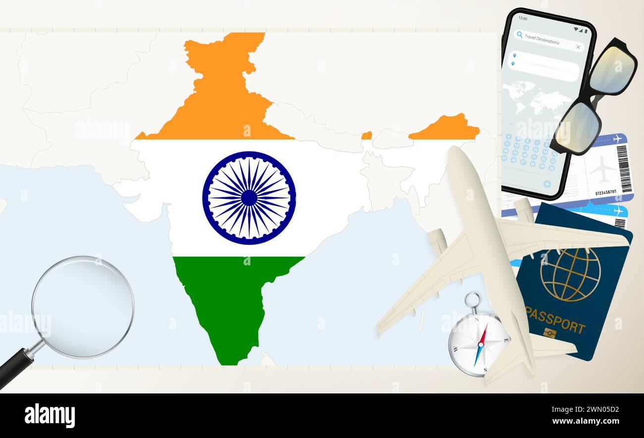 India map and flag, cargo plane on the detailed map of India with flag ...