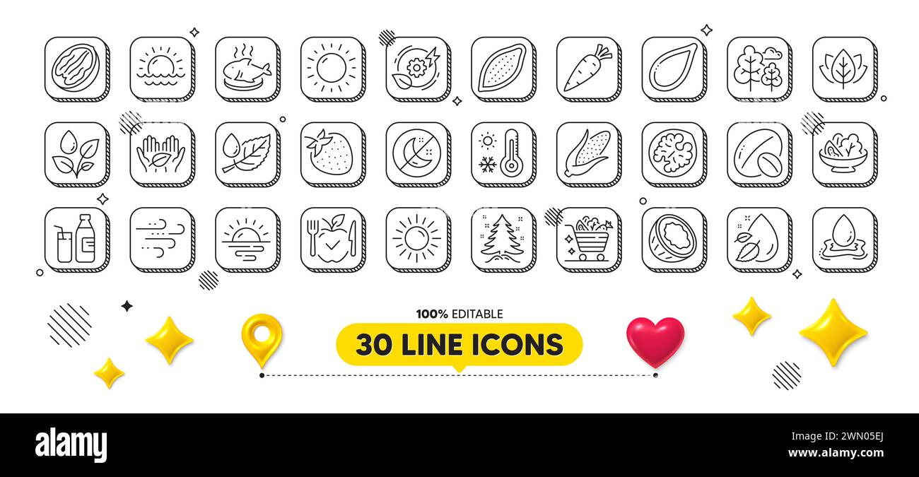 Coconut, Sunrise and Corn line icons pack. For web app. 3d design ...