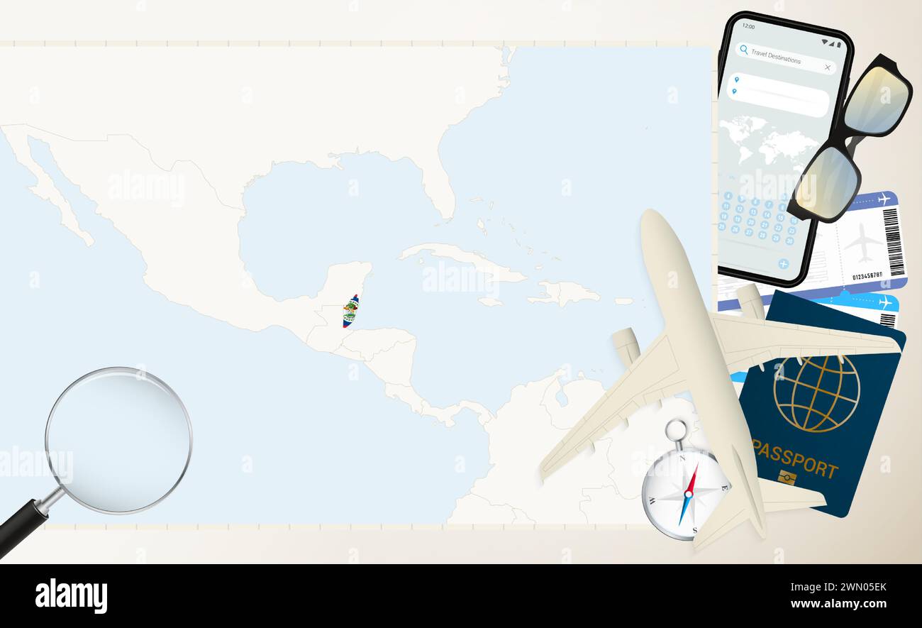Belize map and flag, cargo plane on the detailed map of Belize with ...