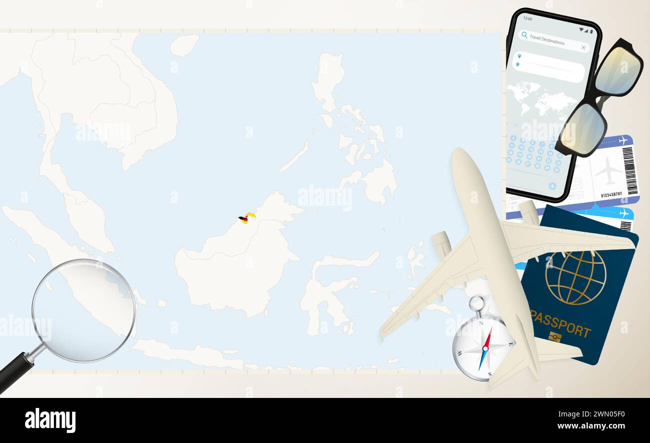 Brunei map and flag, cargo plane on the detailed map of Brunei with flag, passport, magnifying ...