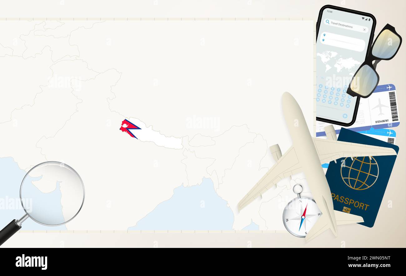 Nepal map and flag, cargo plane on the detailed map of Nepal with flag ...