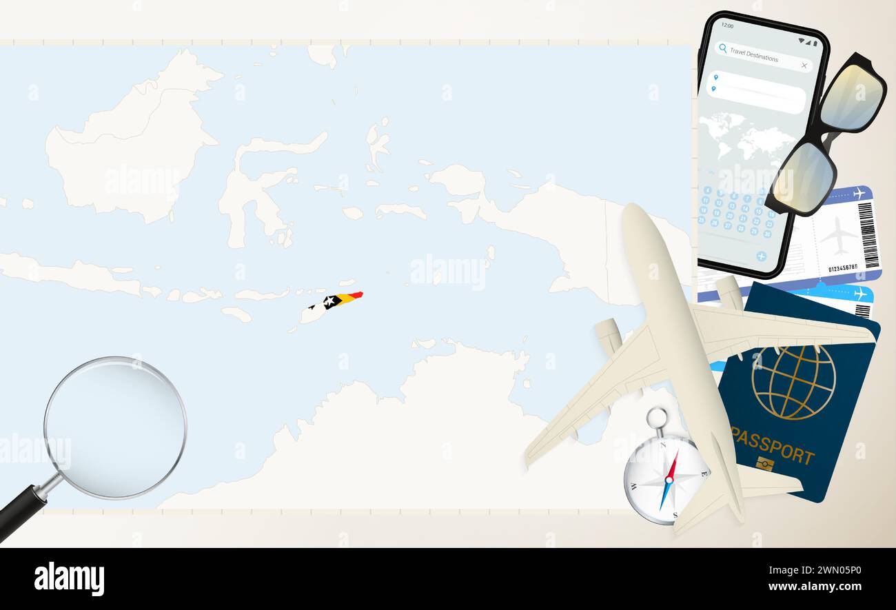 East Timor map and flag, cargo plane on the detailed map of East Timor ...
