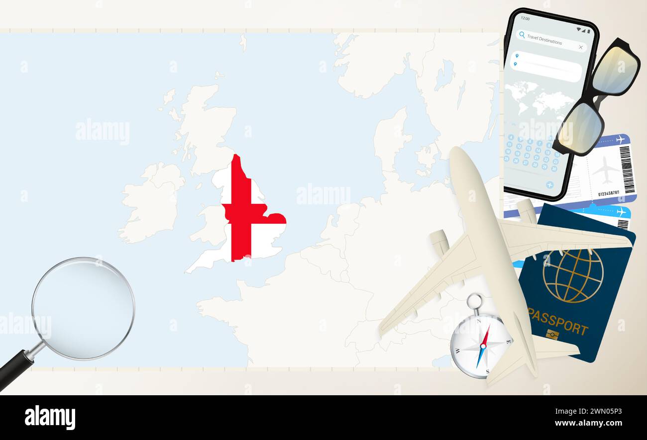 England map and flag, cargo plane on the detailed map of England with ...