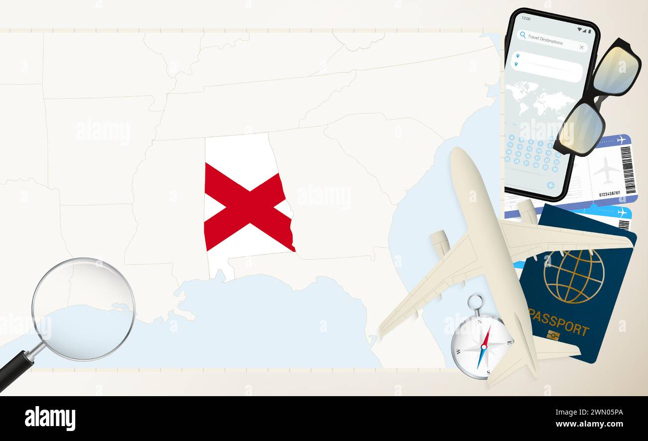 Alabama map and flag, cargo plane on the detailed map of Alabama with ...