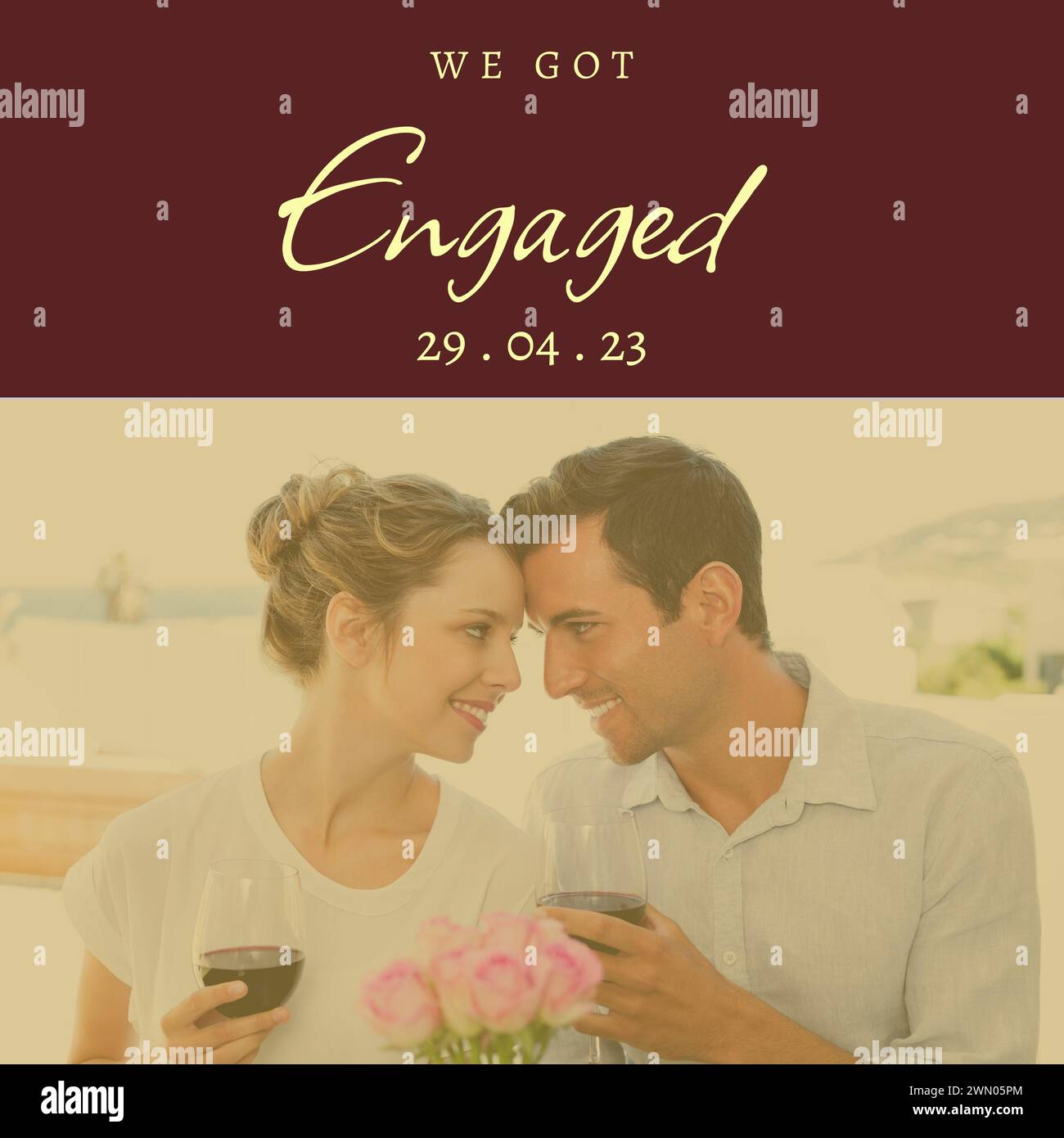 Celebrating love, a couple toasting engagement with wine, radiates joy ...