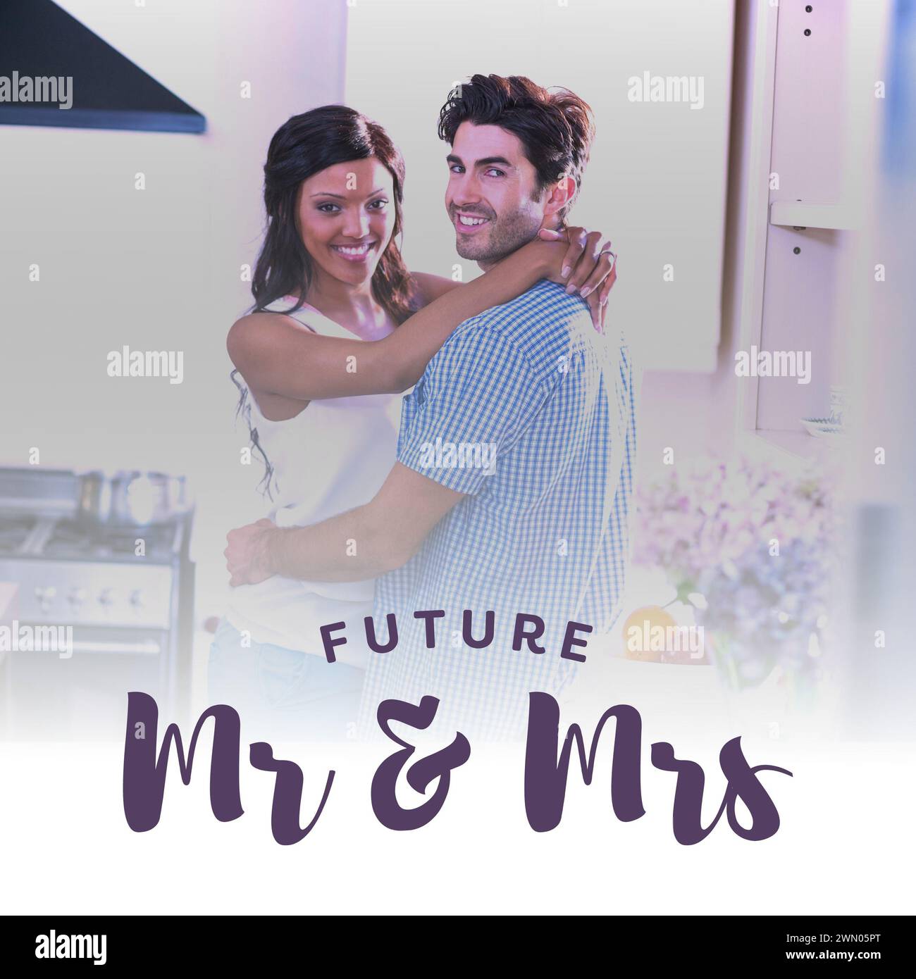 Celebrating togetherness, a joyful couple embraces in a kitchen setting ...