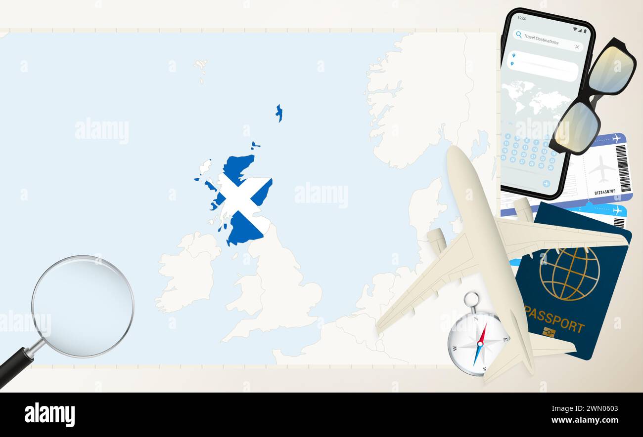 Scotland map and flag, cargo plane on the detailed map of Scotland with ...
