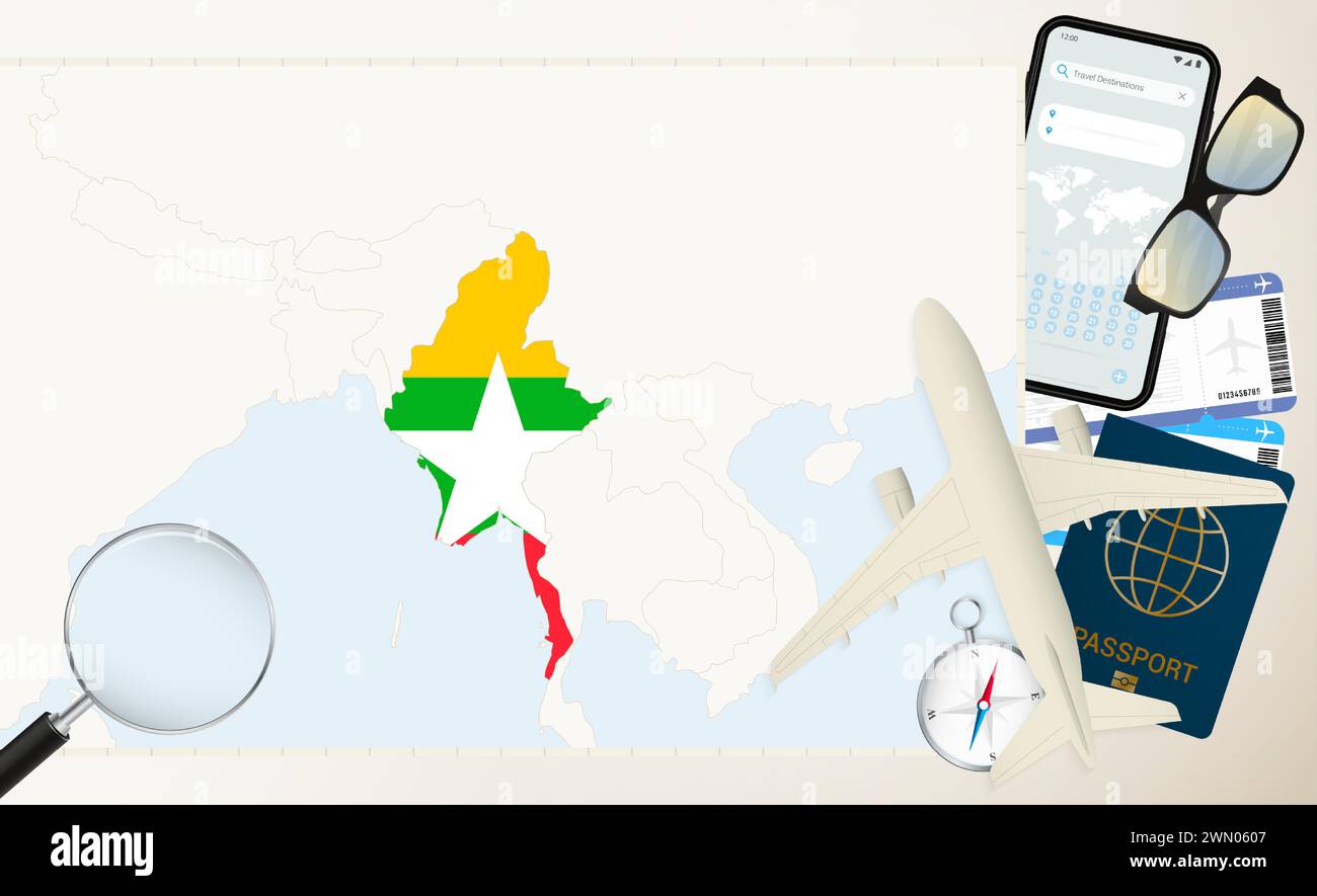 Myanmar map and flag, cargo plane on the detailed map of Myanmar with flag, passport, magnifying ...