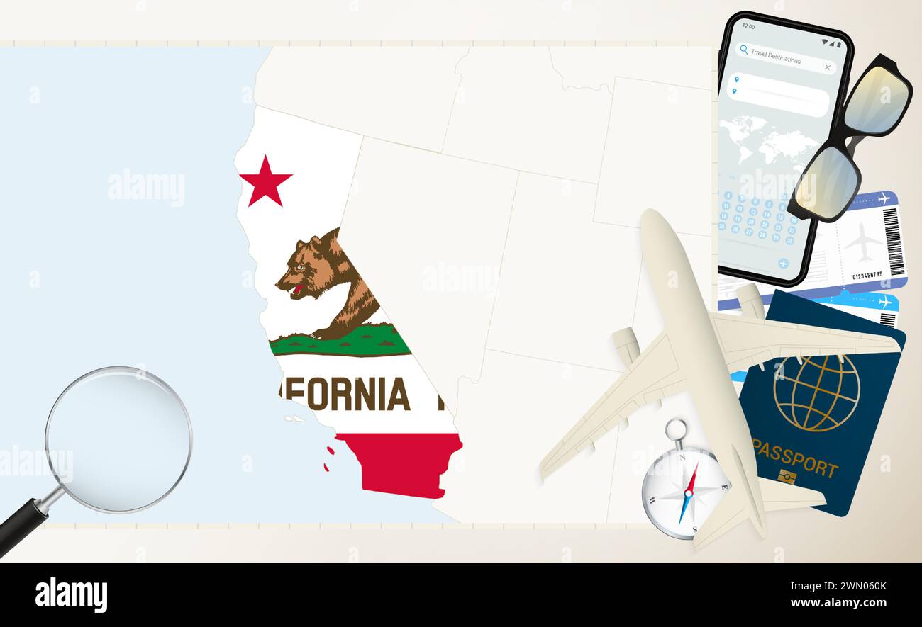 California map and flag, cargo plane on the detailed map of California ...