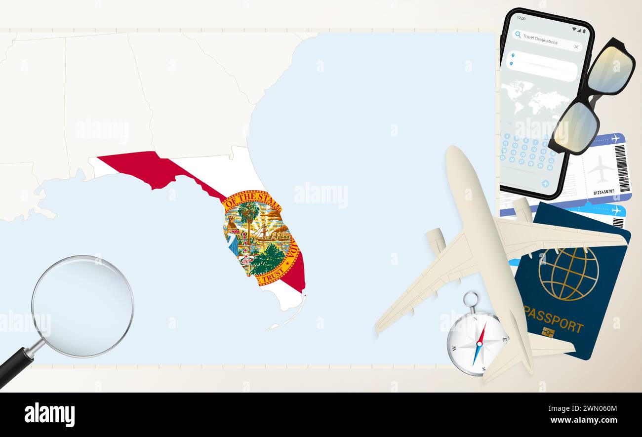 Florida map and flag, cargo plane on the detailed map of Florida with ...