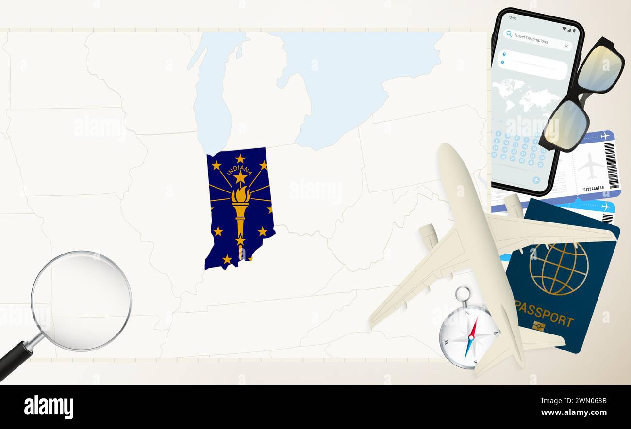 Indiana map and flag, cargo plane on the detailed map of Indiana with ...