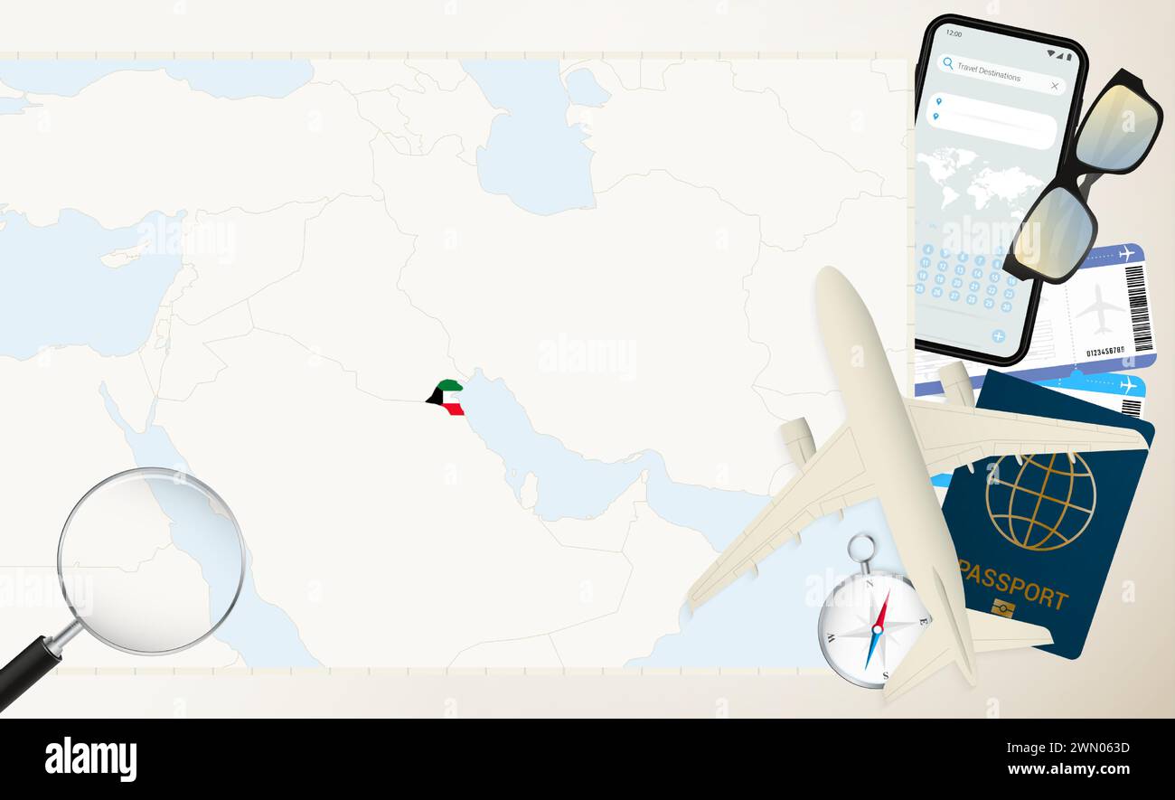 Kuwait map and flag, cargo plane on the detailed map of Kuwait with ...