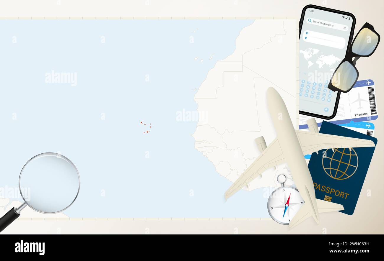 Cape Verde map and flag, cargo plane on the detailed map of Cape Verde with flag, passport ...