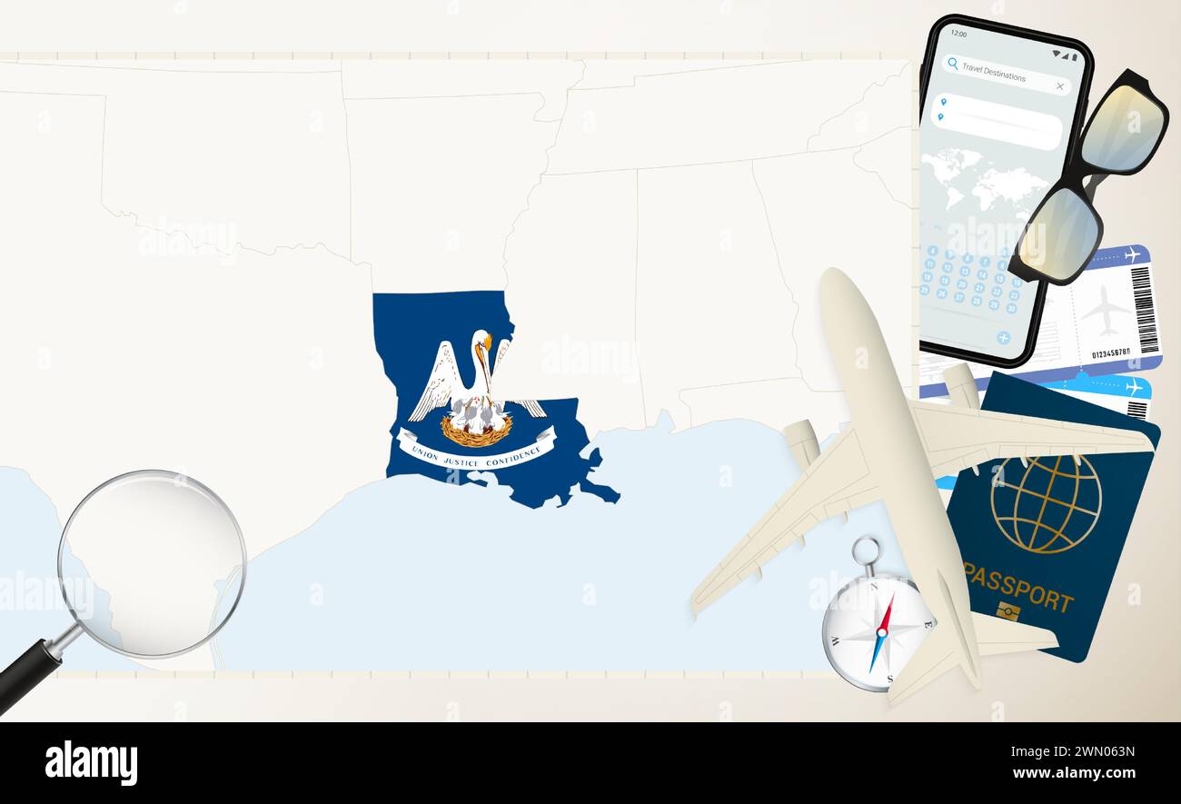 Louisiana map and flag, cargo plane on the detailed map of Louisiana ...