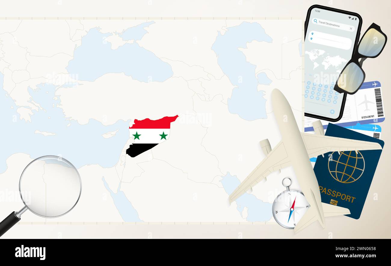 Syria map and flag, cargo plane on the detailed map of Syria with flag ...