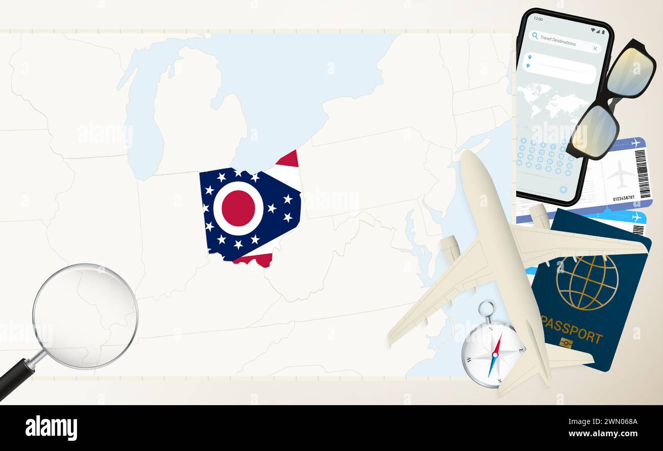 Ohio map and flag, cargo plane on the detailed map of Ohio with flag ...