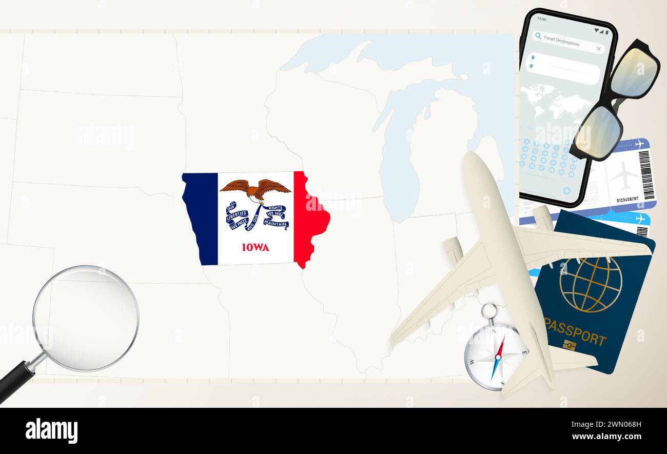 Iowa map and flag, cargo plane on the detailed map of Iowa with flag ...
