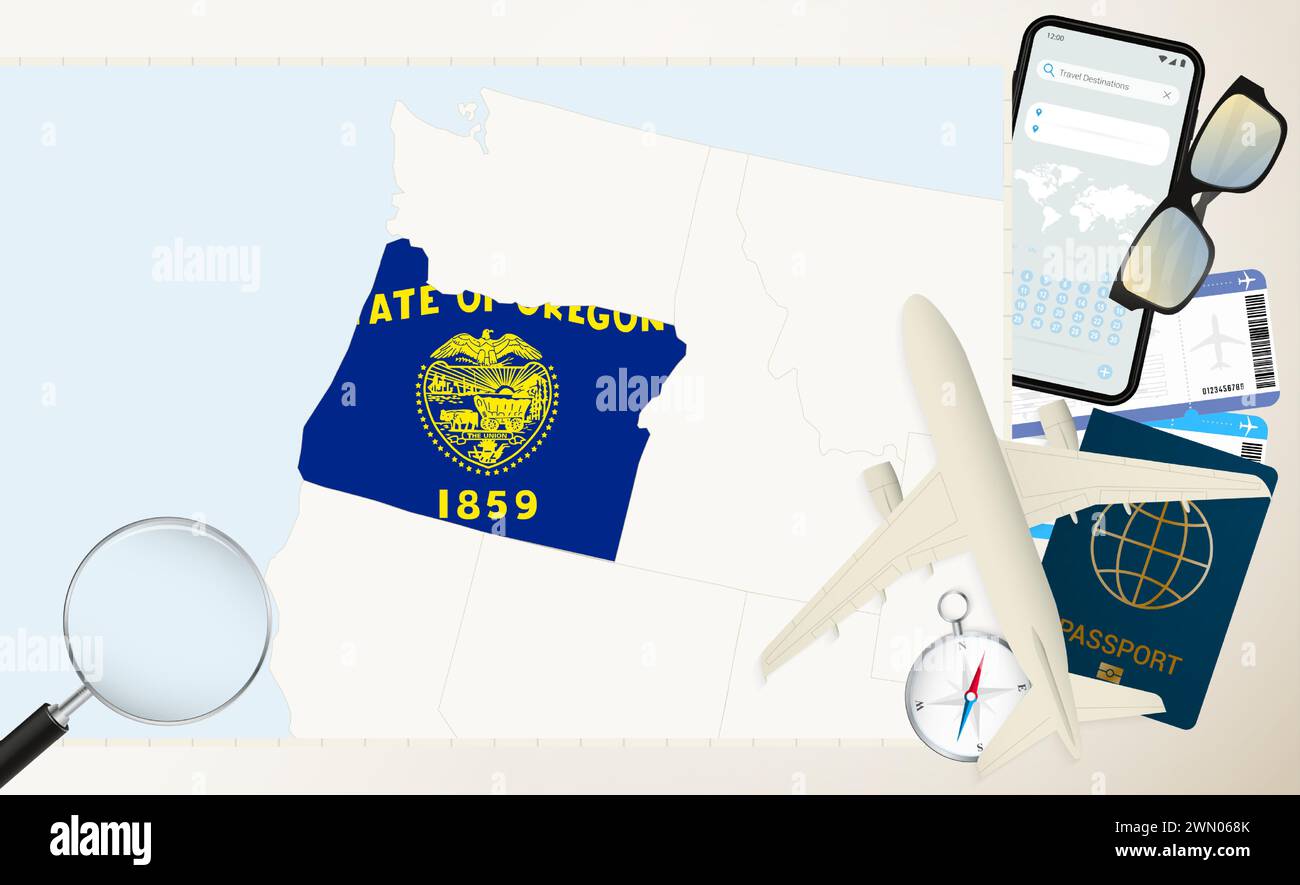 Oregon map and flag, cargo plane on the detailed map of Oregon with flag, passport, magnifying ...
