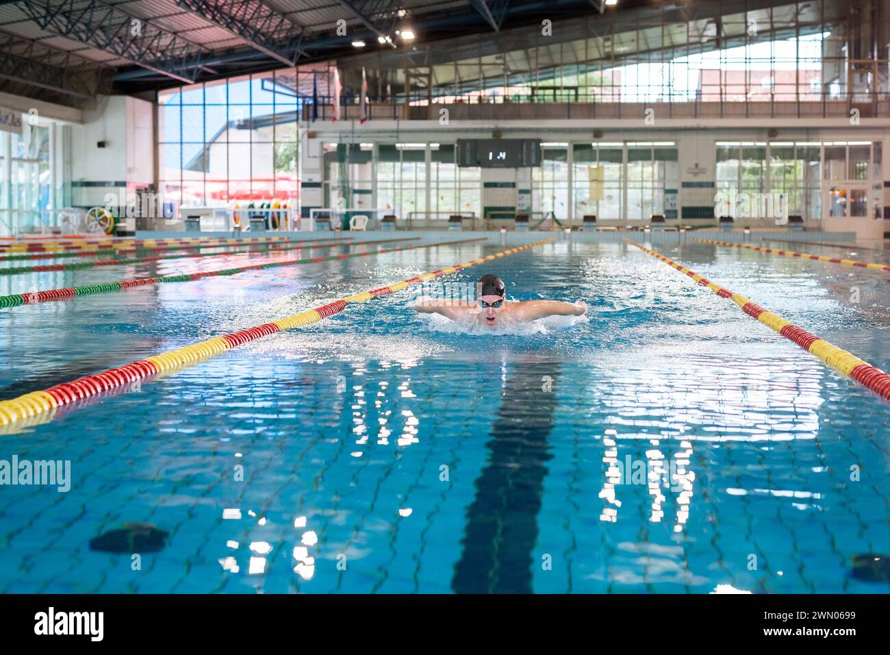 Female competitive swimmer moving through the water performing the ...