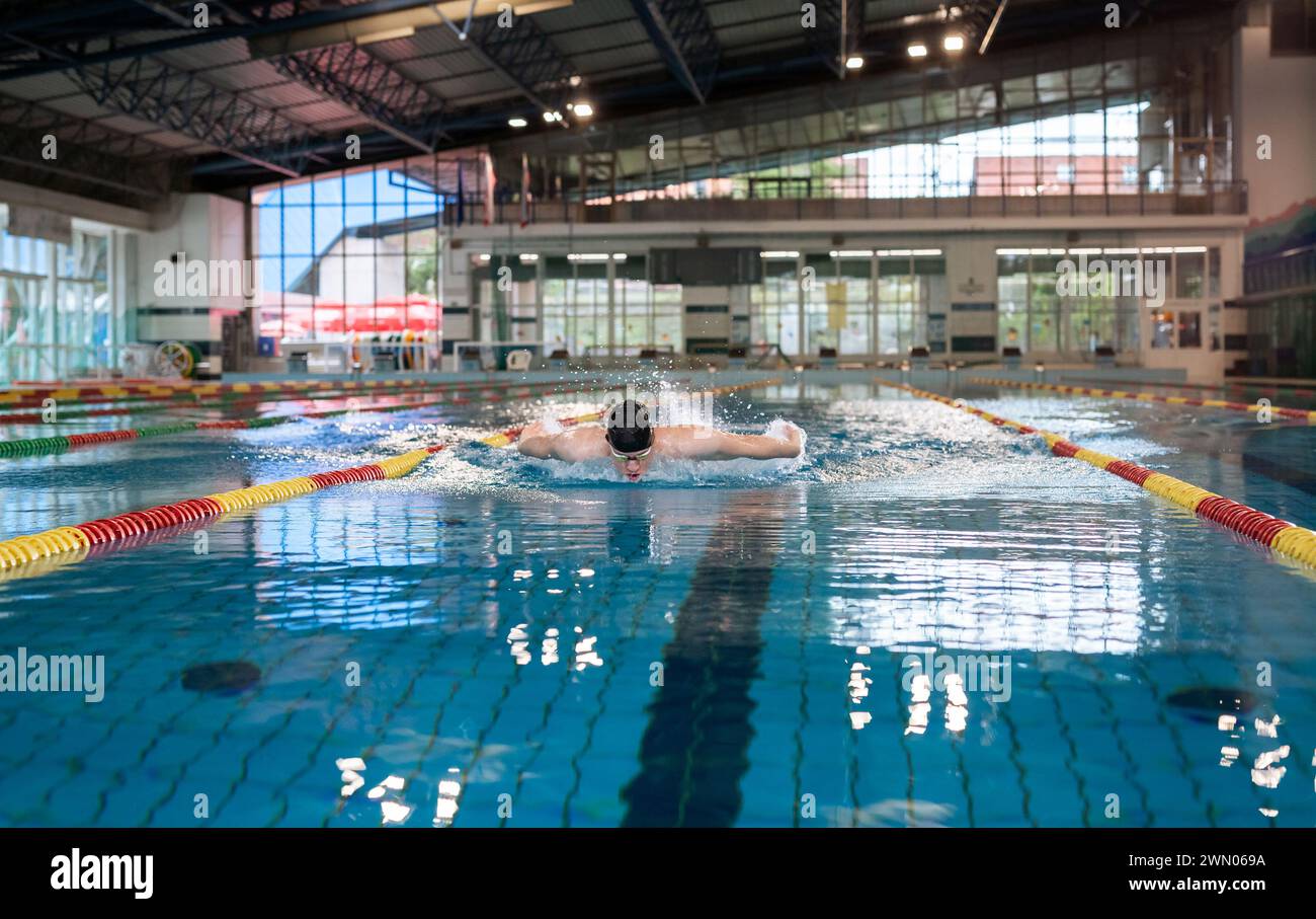 Professional male swimmer performing butterfly style in the indoor lap ...