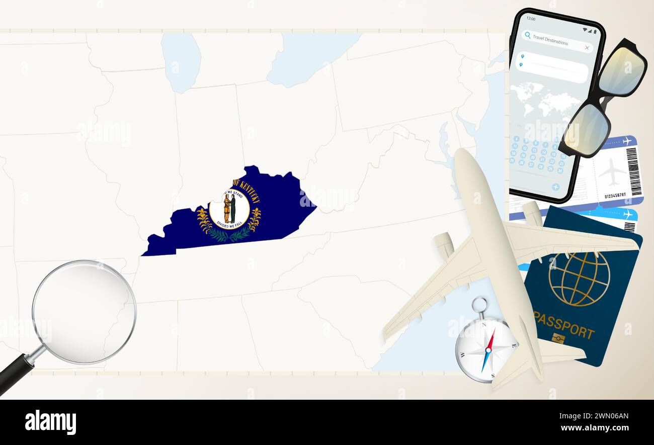 Kentucky map and flag, cargo plane on the detailed map of Kentucky with ...