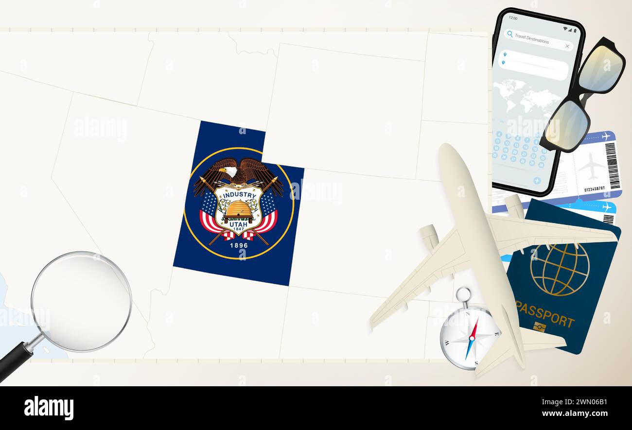 Utah map and flag, cargo plane on the detailed map of Utah with flag ...