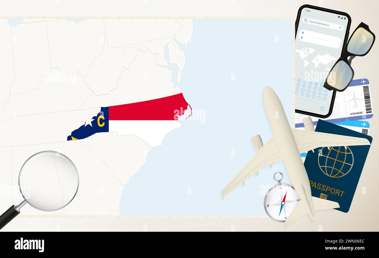 North Carolina map and flag, cargo plane on the detailed map of North ...