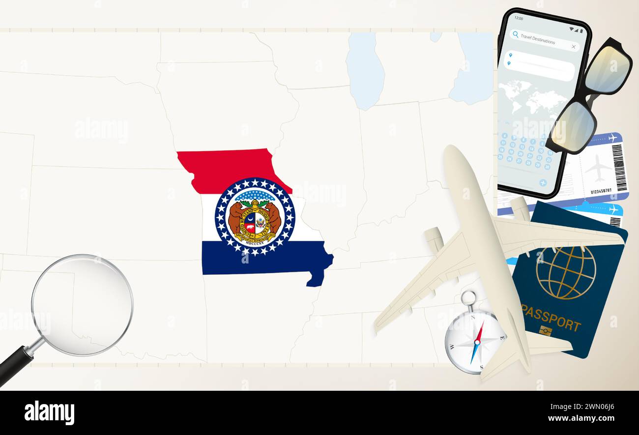 Missouri map and flag, cargo plane on the detailed map of Missouri with ...