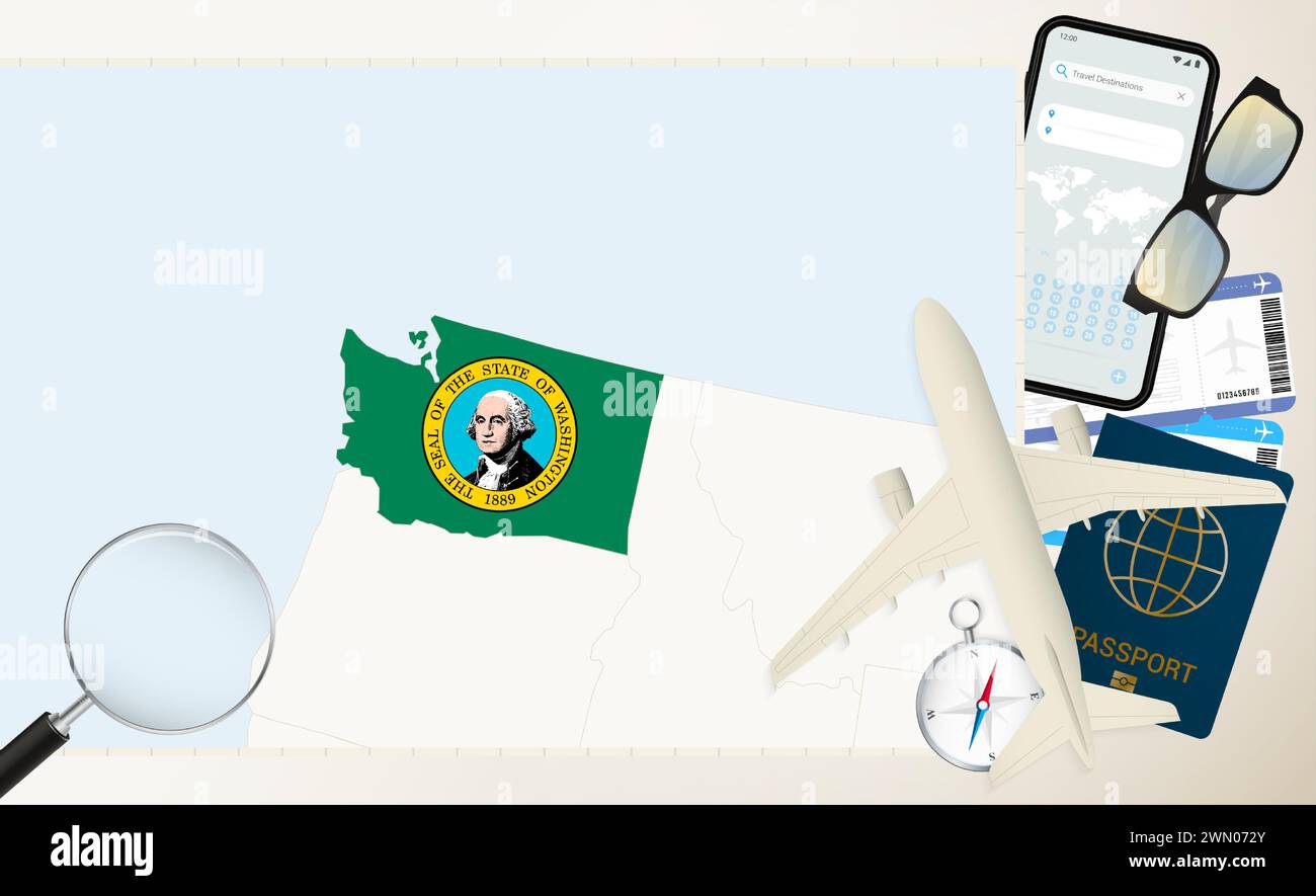 Washington map and flag, cargo plane on the detailed map of Washington ...