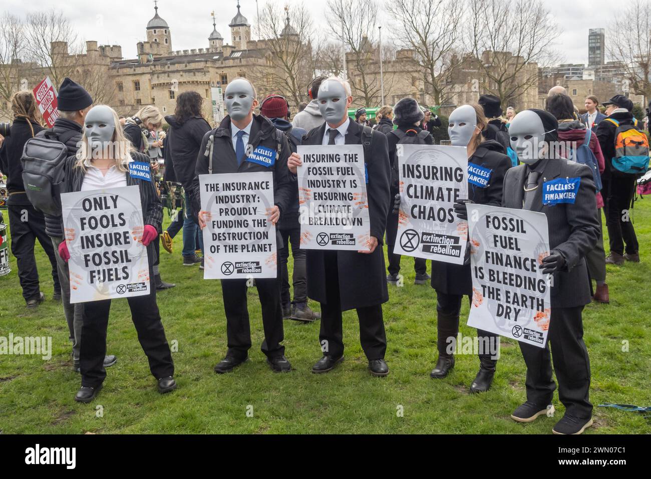 London, UK. 28 Feb 2024. Faceless Financiers. Extinction Rebellion ...