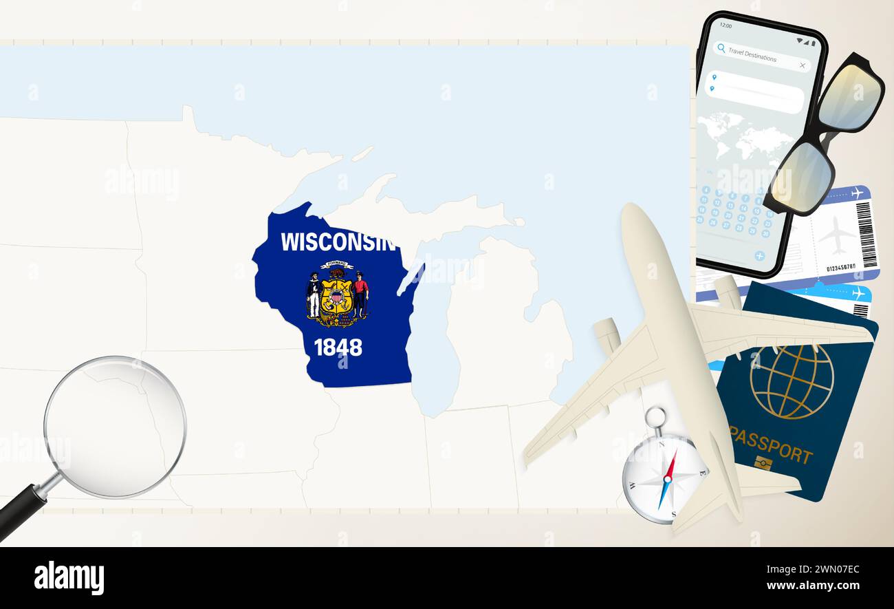 Wisconsin map and flag, cargo plane on the detailed map of Wisconsin ...