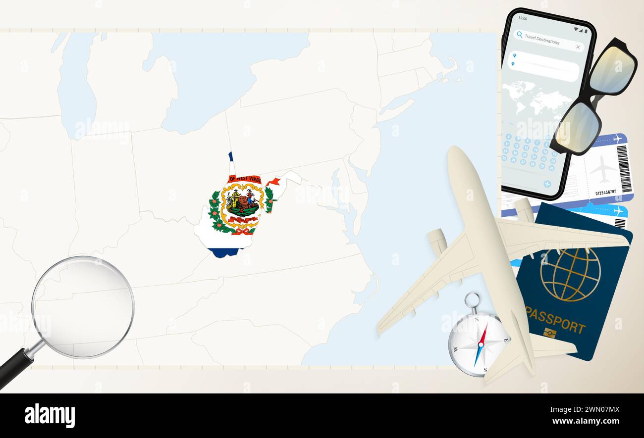 West Virginia map and flag, cargo plane on the detailed map of West ...