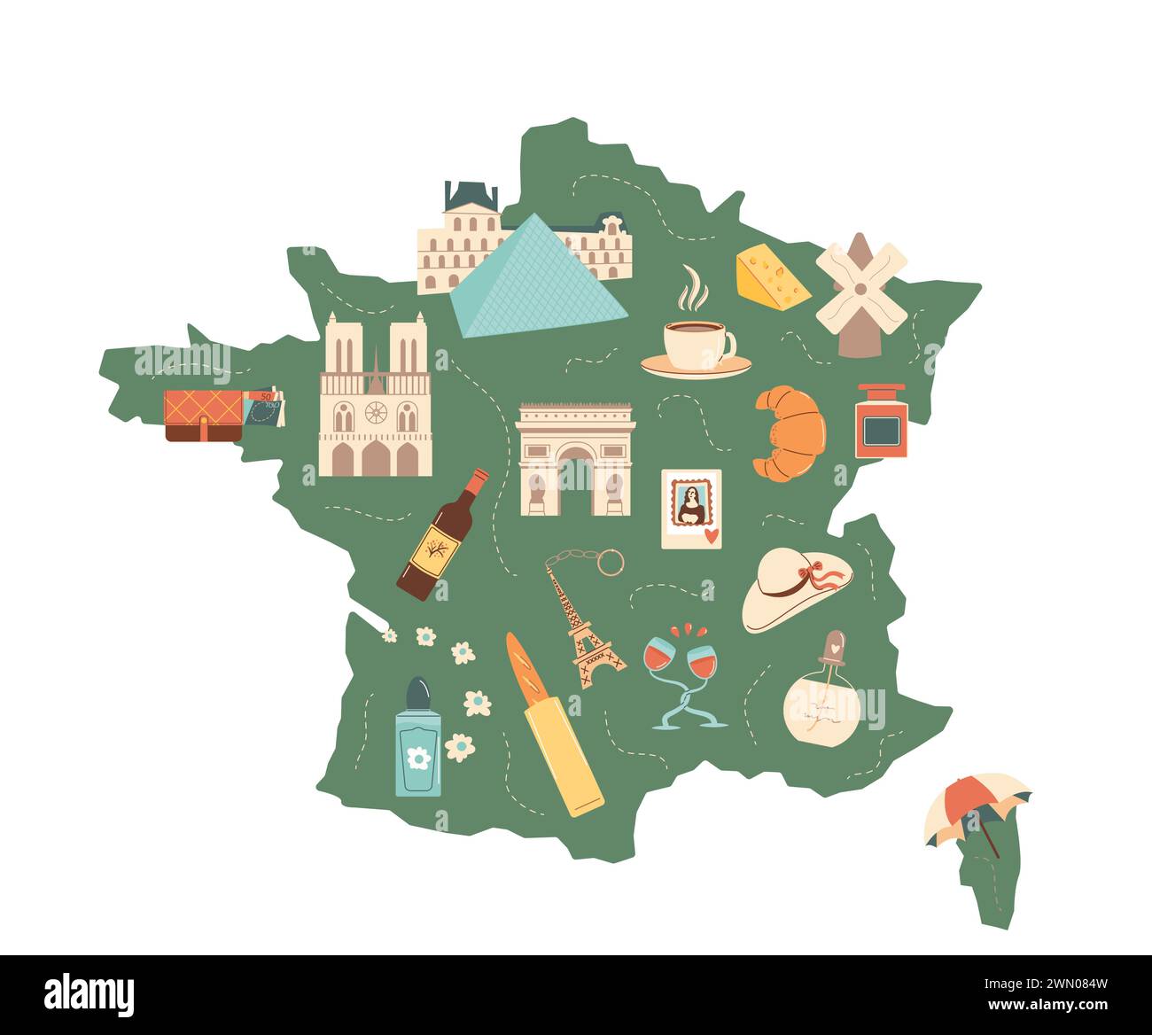 France travel map stylized. Point of interest and accessories. Tourism to Paris elements ...