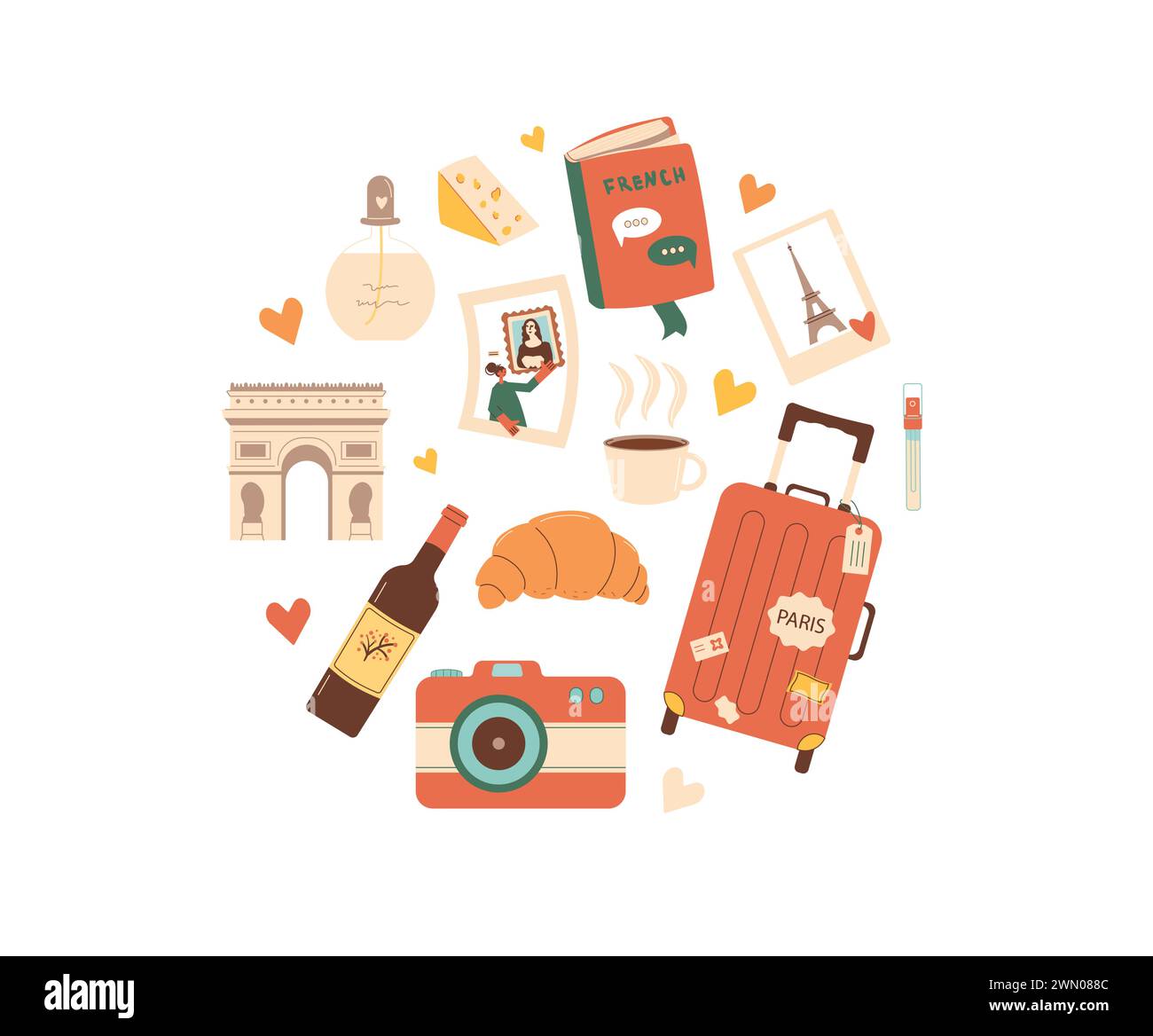 Travel France elements circle composition. Tourism to Paris in round ...