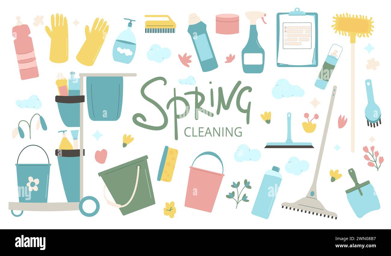 Spring cleaning set. Equipment elements for wash home isolated on white ...