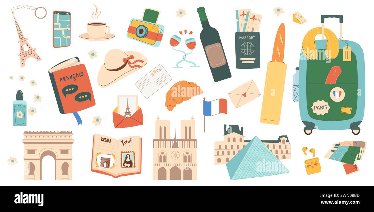 Paris travel set isolated on white background. France tourism trip for ...