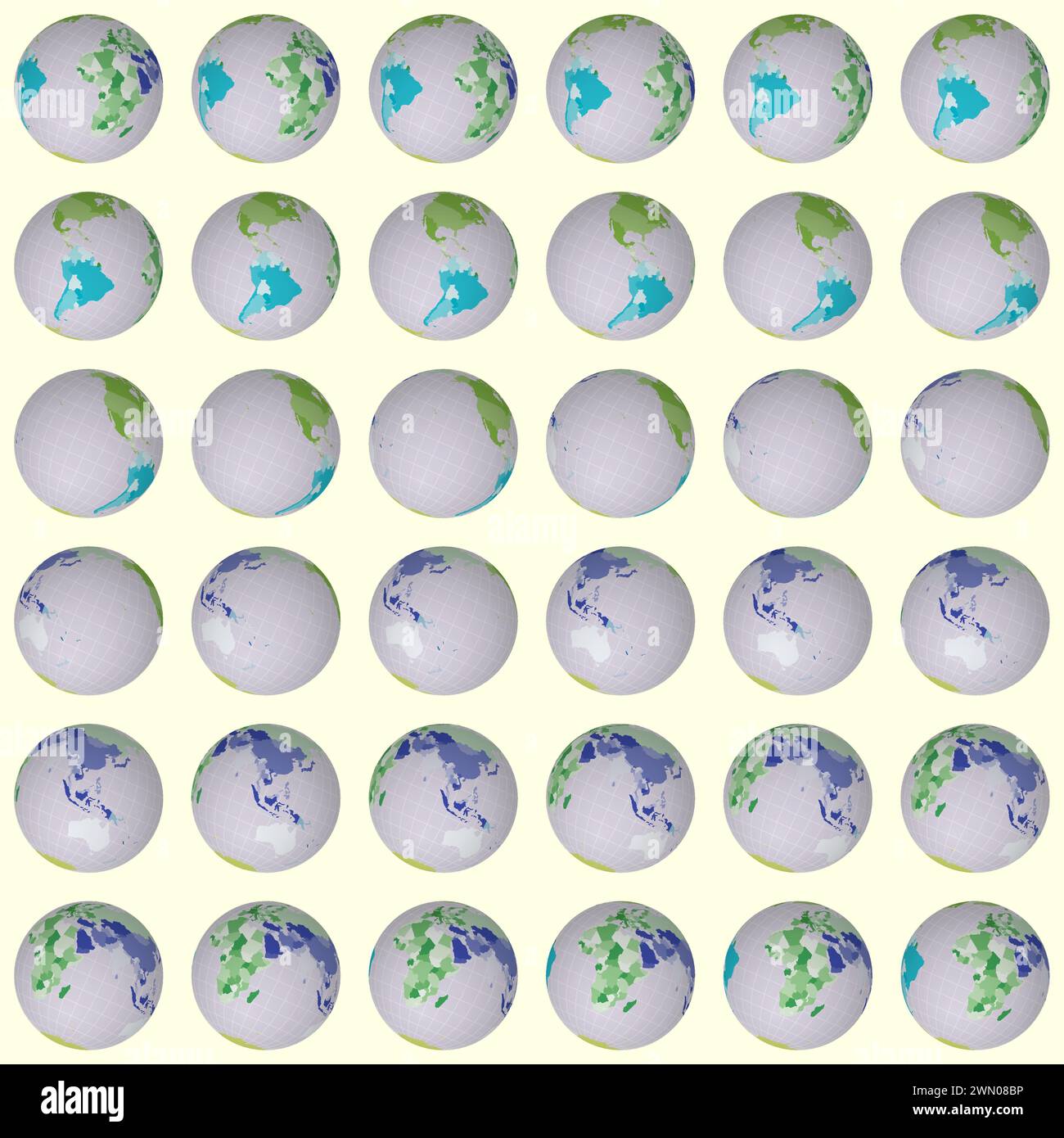 Collection of globes. Tilted sphere view. Rotation step 10 degrees ...