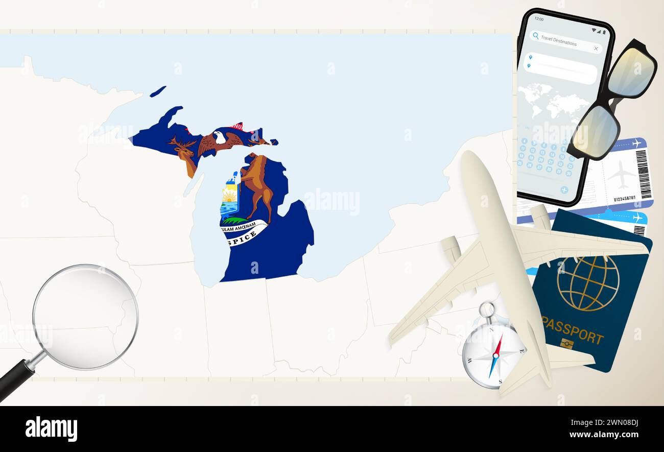 Michigan map and flag, cargo plane on the detailed map of Michigan with ...