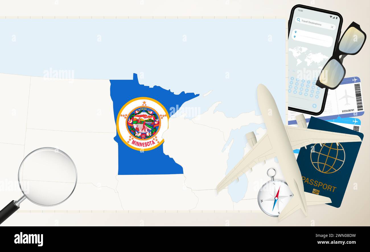 Minnesota map and flag, cargo plane on the detailed map of Minnesota ...