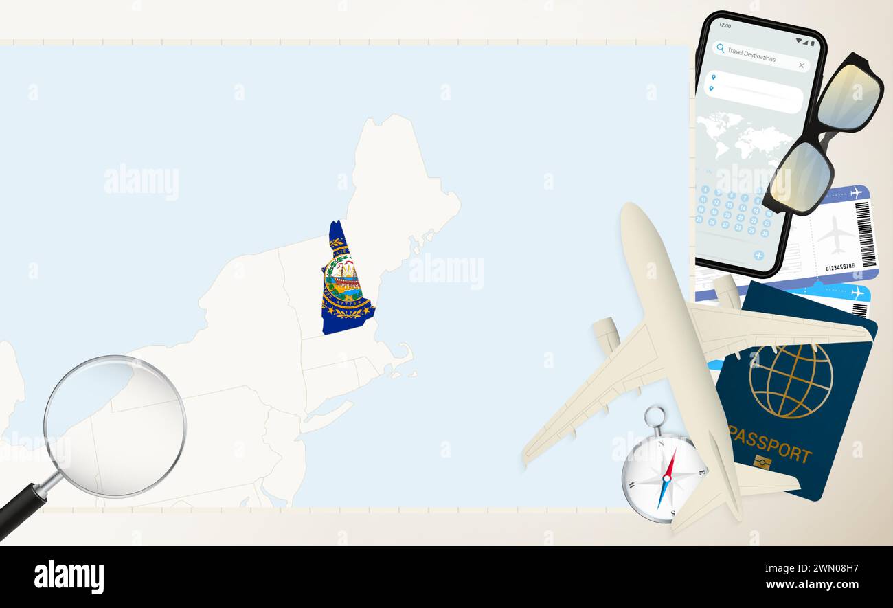 New Hampshire map and flag, cargo plane on the detailed map of New ...